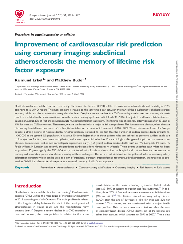 (PDF) Improvement of cardiovascular risk prediction using coronary imaging: subclinical ...