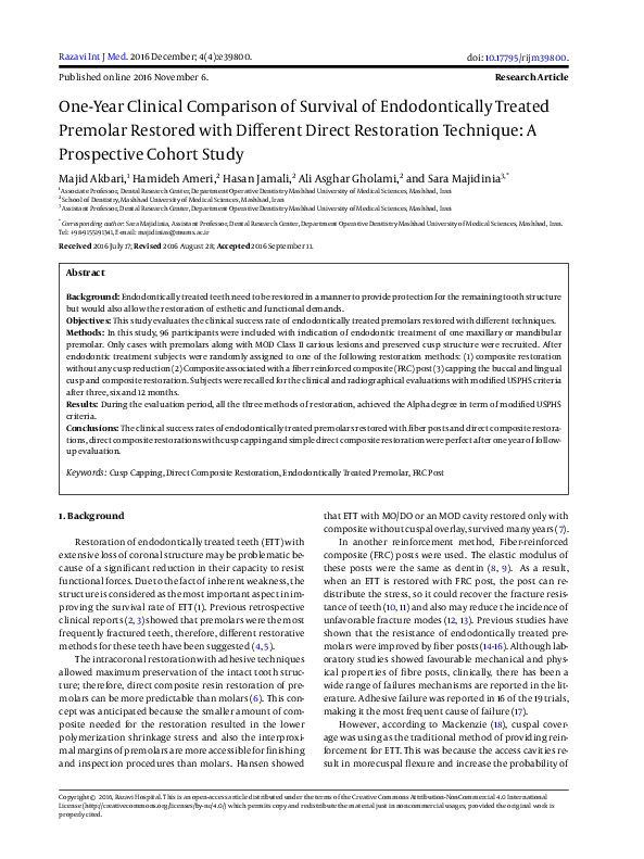 (PDF) One-Year Clinical Comparison of Survival of Endodontically ...