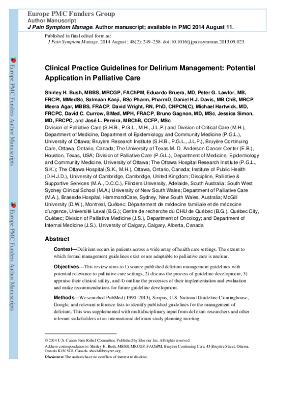 (PDF) Clinical Practice Guidelines for Delirium Management: Potential ...