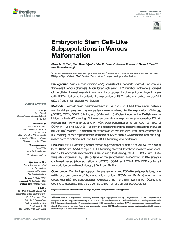 (PDF) Embryonic Stem Cell-Like Subpopulations in Venous Malformation