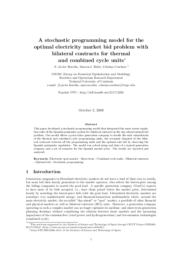 Pdf A Stochastic Programming Model For The Optimal Electricity Market Bid Problem With