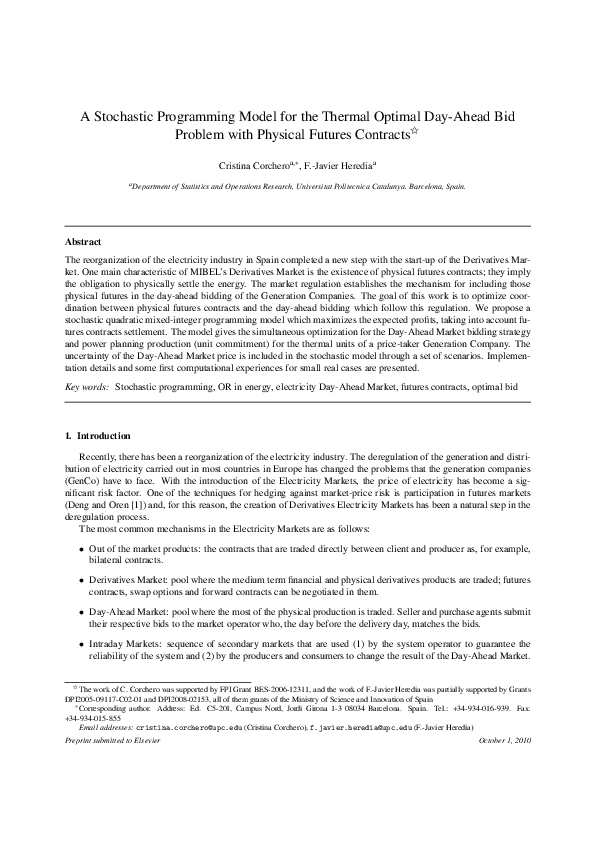 Pdf A Stochastic Programming Model For The Thermal Optimal Day Ahead Bid Problem With Physical