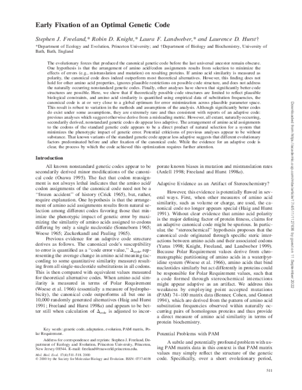 (PDF) Early Fixation of an Optimal Genetic Code