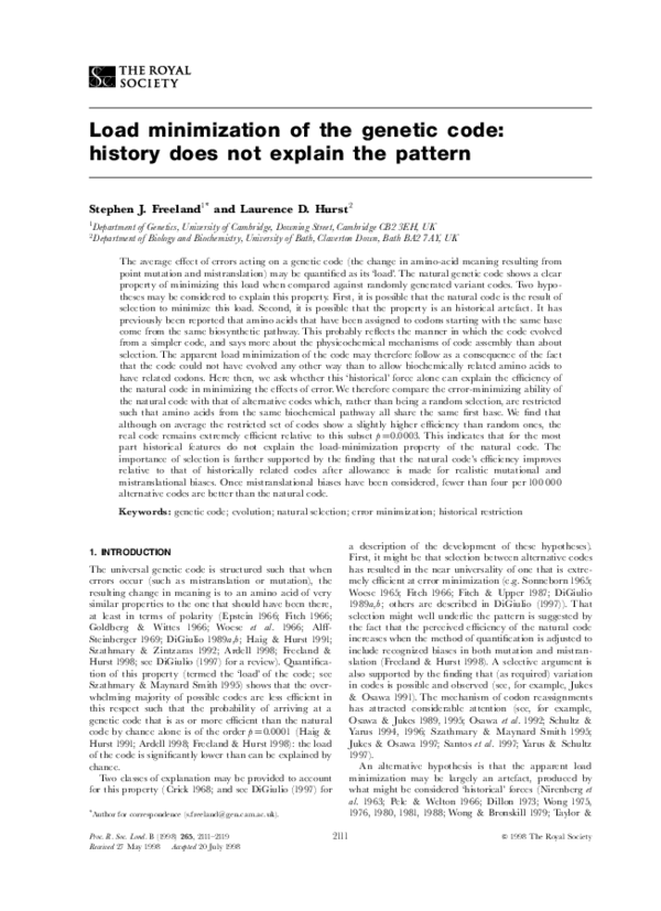 (PDF) Load minimization of the genetic code: history does not explain the pattern