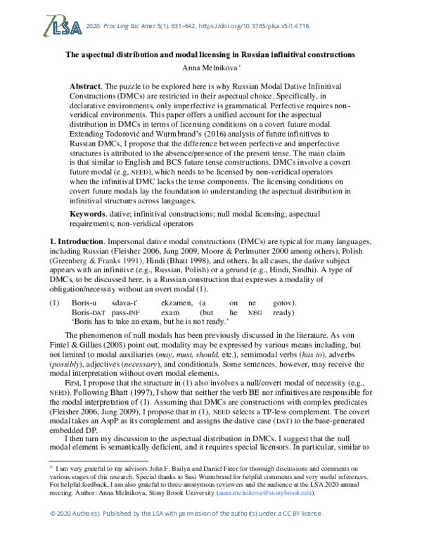 Pdf Modal Licensing And Aspect In Russian Infinitives