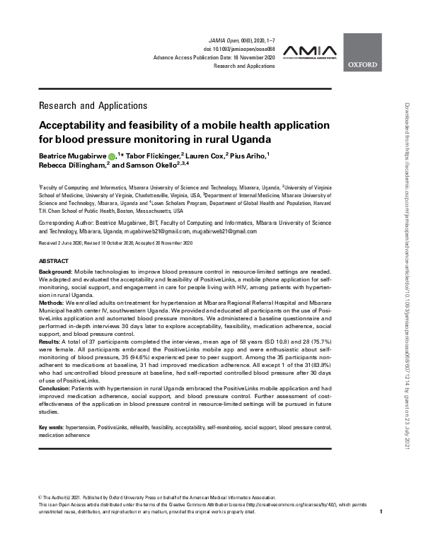 (PDF) Acceptability and feasibility of a mobile health application for blood pressure monitoring ...