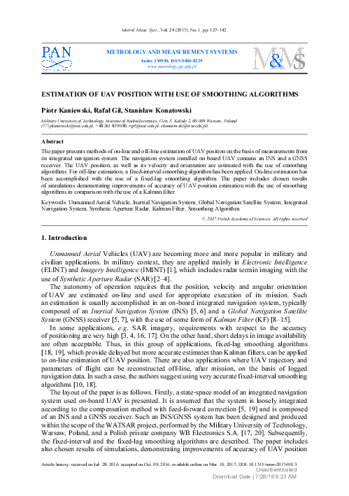 Pdf Estimation Of Uav Position With Use Of Smoothing Algorithms Piotr Kaniewski