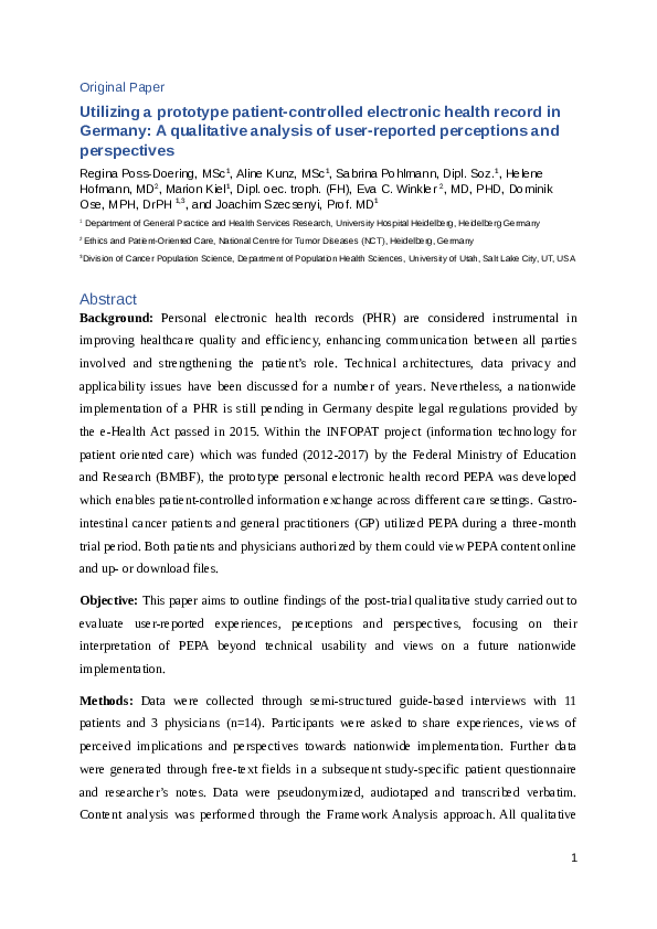 (PDF) Utilizing a Prototype Patient-Controlled Electronic Health Record in Germany: Qualitative ...