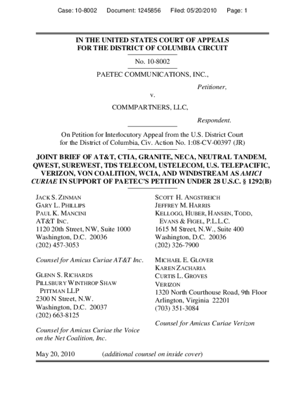(PDF) Joint Brief of At&T, Ctia, Granite, Neca, Neutral Tandem, Qwest ...