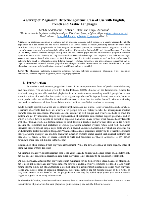 (PDF) A Survey of Plagiarism Detection Systems: Case of Use with English, French and Arabic ...
