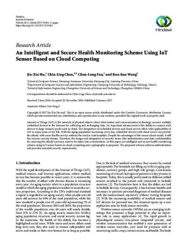 Pdf An Intelligent And Secure Health Monitoring Scheme Using Iot Sensor Based On Cloud Computing
