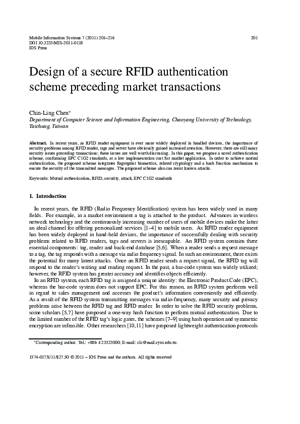(PDF) Design of a Secure RFID Authentication Scheme Preceding Market ...