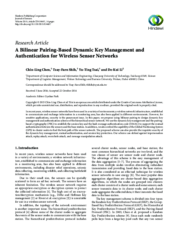 Pdf A Bilinear Pairing Based Dynamic Key Management And Authentication For Wireless Sensor