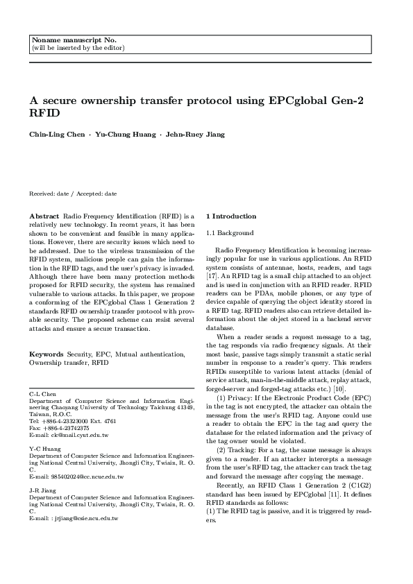 (PDF) A secure ownership transfer protocol using EPCglobal Gen-2 RFID