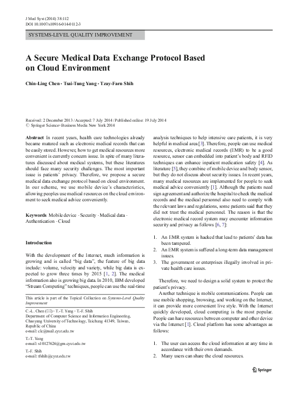 (PDF) A secure medical data exchange protocol based on cloud environment