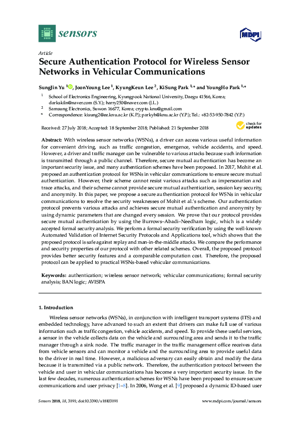 (PDF) A Secure Authentication Protocol for Wireless Sensor Network in Smart Vehicular System