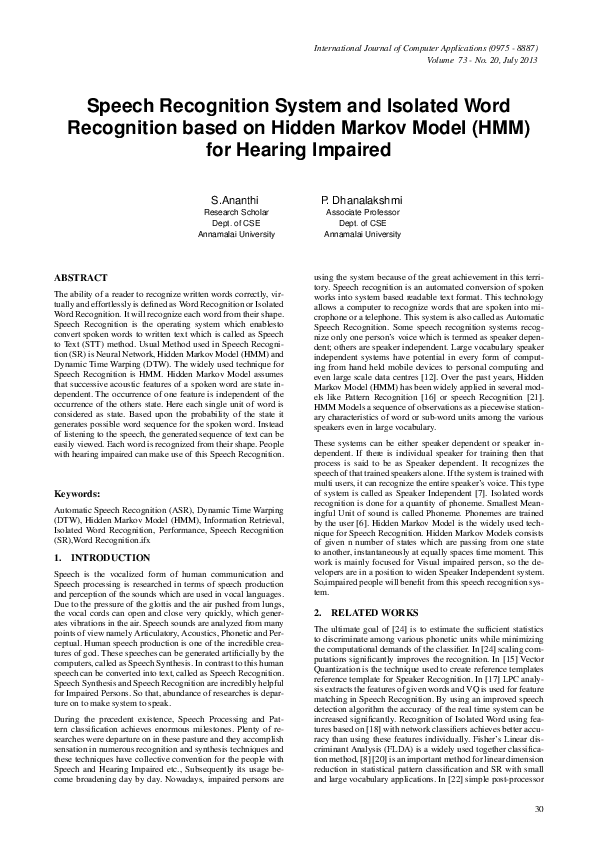 Pdf Speech Recognition System And Isolated Word Recognition Based On