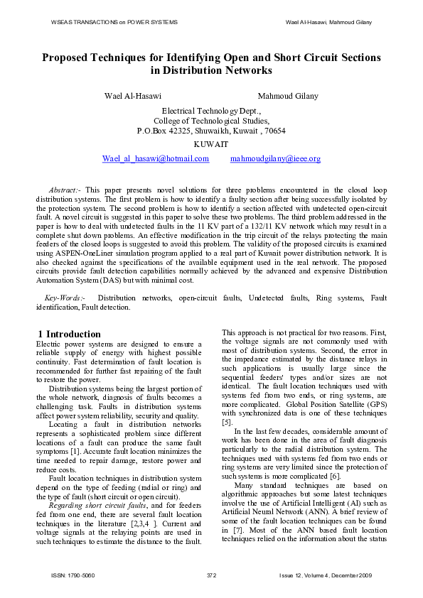 (PDF) Proposed Techniques for Identifying Open and Short Circuit Sections in Distribution ...