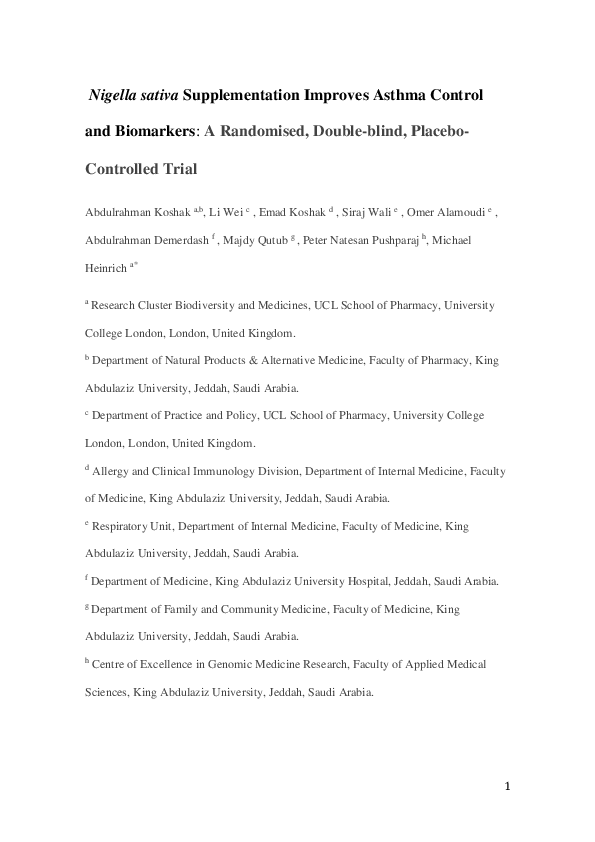 (PDF) Nigella sativa Supplementation Improves Asthma Control and Biomarkers: A Randomized ...