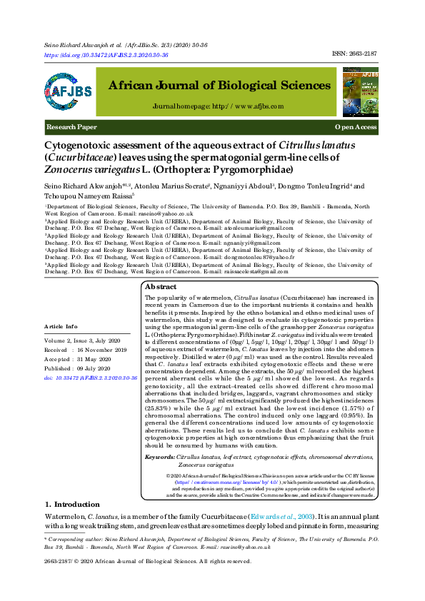 (PDF) Cytogenotoxic assessment of the aqueous extract of Citrullus lanatus (Cucurbitaceae ...