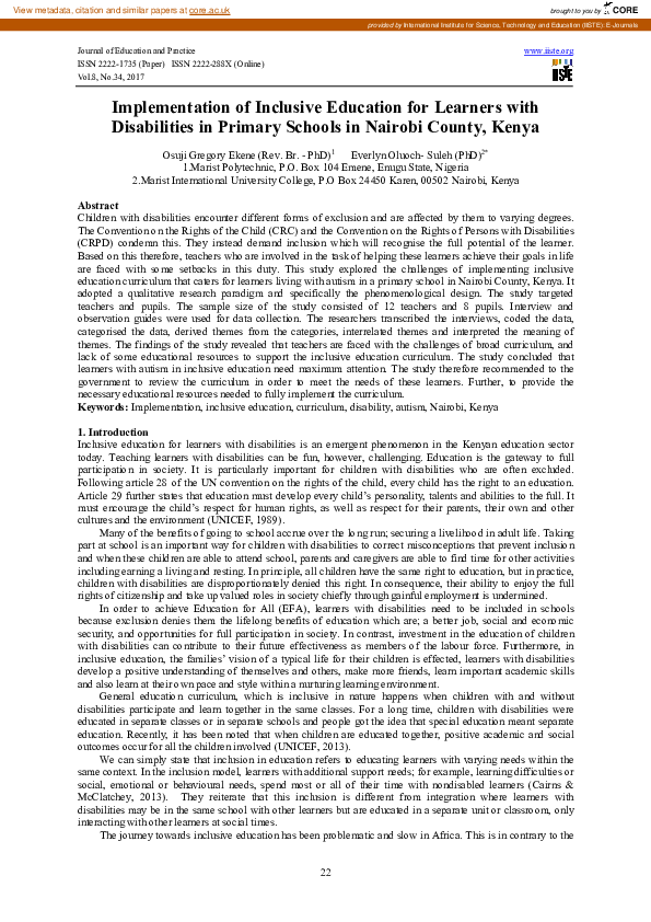 (PDF) Implementation of Inclusive Education for Learners with Disabilities in Primary Schools in ...