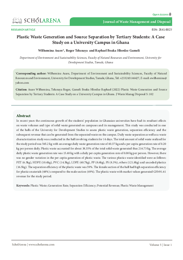 (PDF) Plastic Waste Generation and Source Separation by Tertiary ...