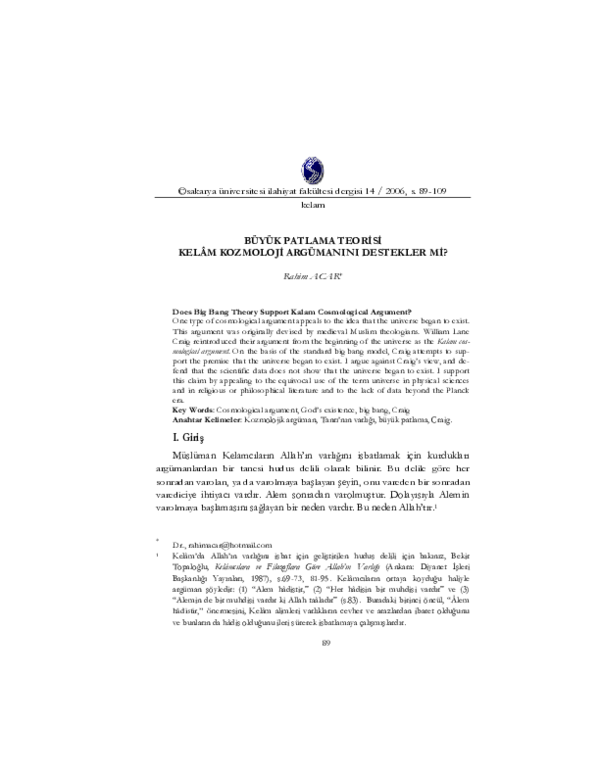 (PDF) Büyük Patlama Teori̇si̇ Kelm Kozmoloji̇ Argümanini Destekler Mi̇