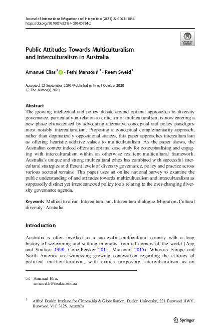 (PDF) Public Attitudes Towards Multiculturalism and Interculturalism in Australia