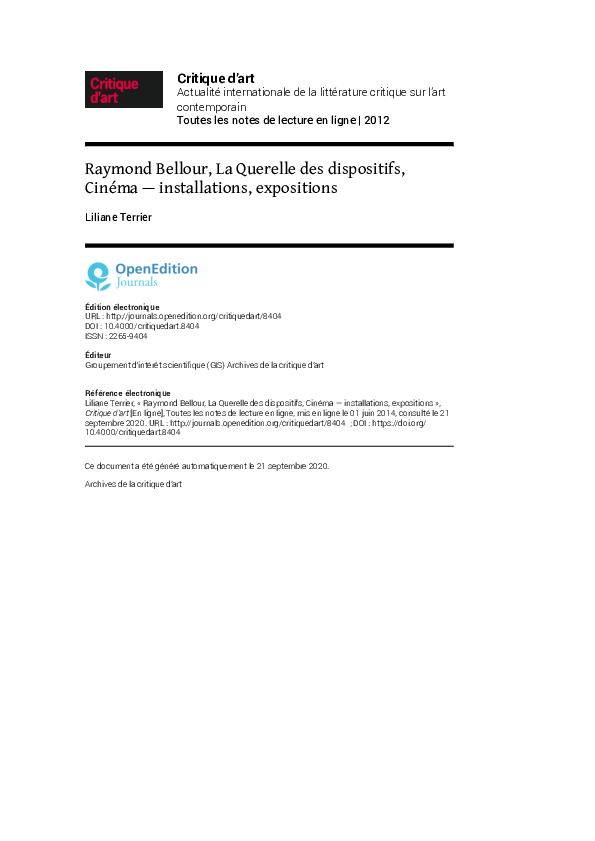 (PDF) Raymond Bellour, La Querelle des dispositifs, Cinéma ...