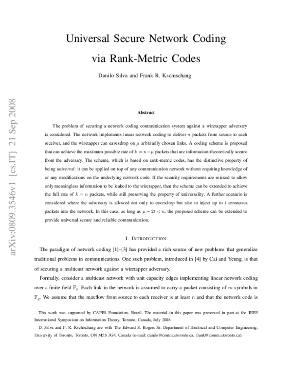 (PDF) Universal Secure Network Coding via Rank-Metric Codes