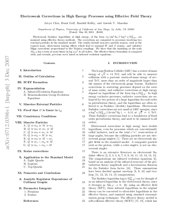 (PDF) Electroweak corrections to high energy processes using effective field theory