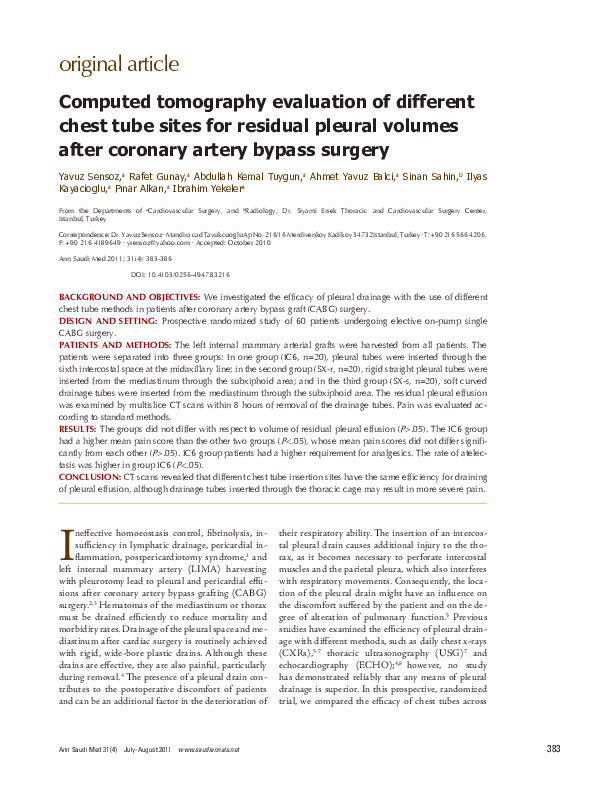 (PDF) Chest Tube Site Impact on Pleural Drainage Post-CABG