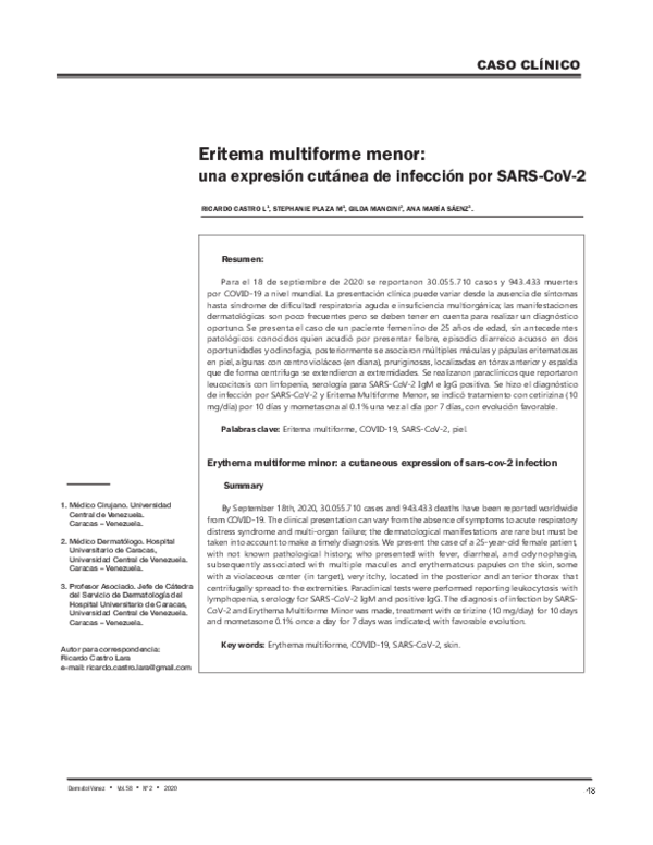 (PDF) Eritema multiforme menor: una expresión cutánea de infección por ...