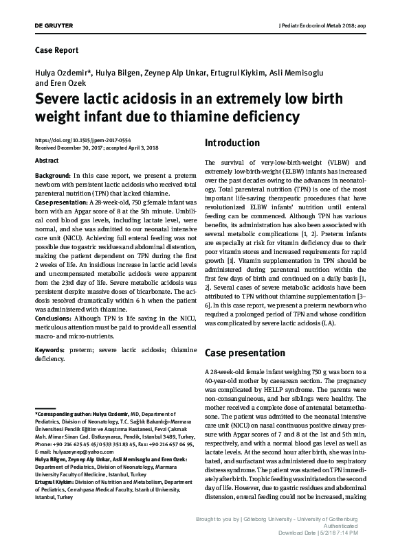 (PDF) Severe lactic acidosis in an extremely low birth weight infant ...