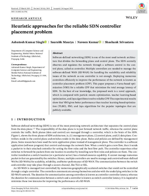 (PDF) Heuristic approaches for the reliable SDN controller placement problem