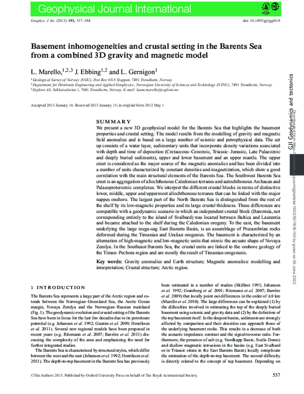 (PDF) Basement inhomogeneities and crustal setting in the Barents Sea ...