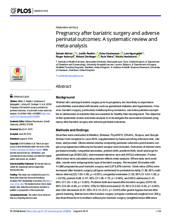 (PDF) Pregnancy after bariatric surgery and adverse perinatal outcomes: A systematic review and ...
