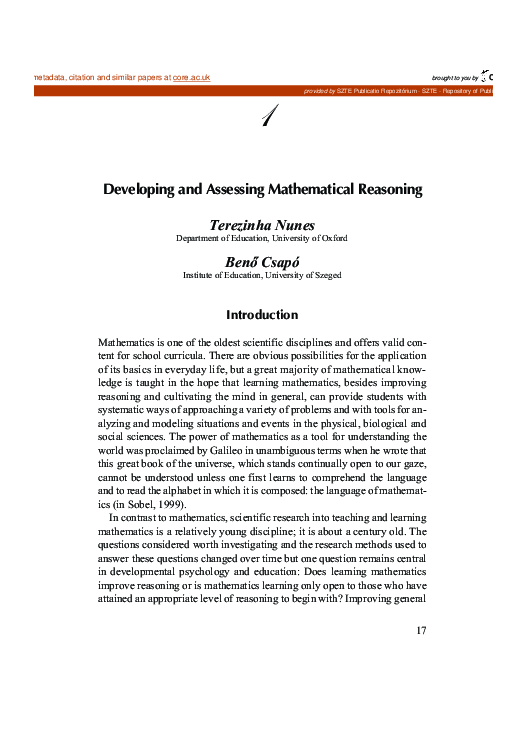 Developing and Assessing Mathematical Reasoning