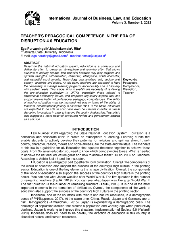 (PDF) Teacher's Pedagogical Competence in the Era of Disruption 4.0 Education