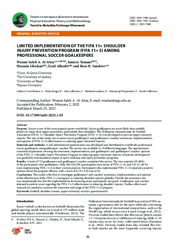Pdf Limited Implementation Of The Fifa 11 Shoulder Injury Prevention