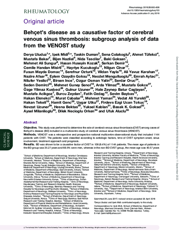 (PDF) Behçet's disease as a causative factor of cerebral venous sinus ...