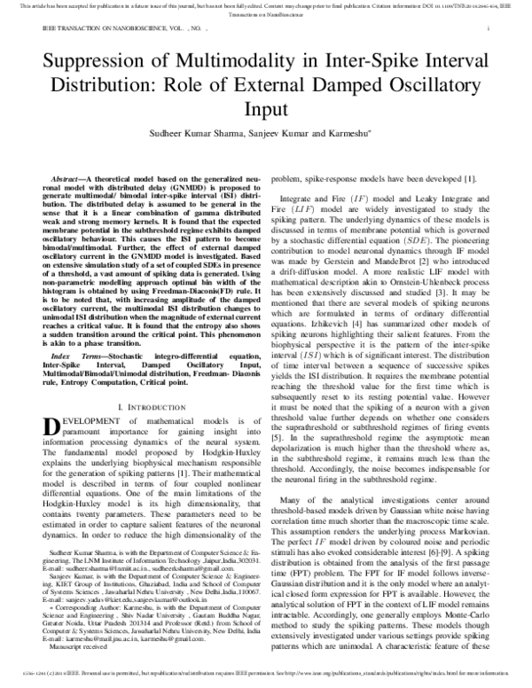 Suppression of Multimodality in Inter-Spike Interval Distribution: Role of External Damped ...