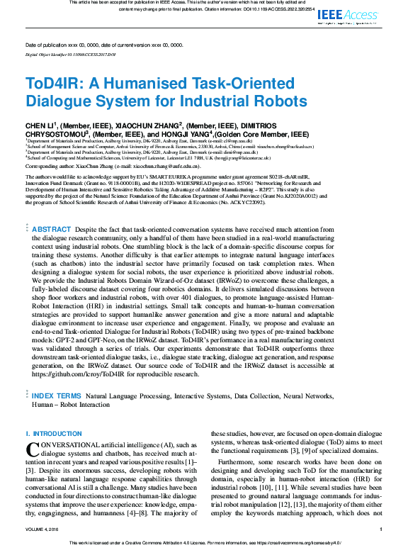 Pdf Tod4ir A Humanised Task Oriented Dialogue System For Industrial Robots Hongji Yang