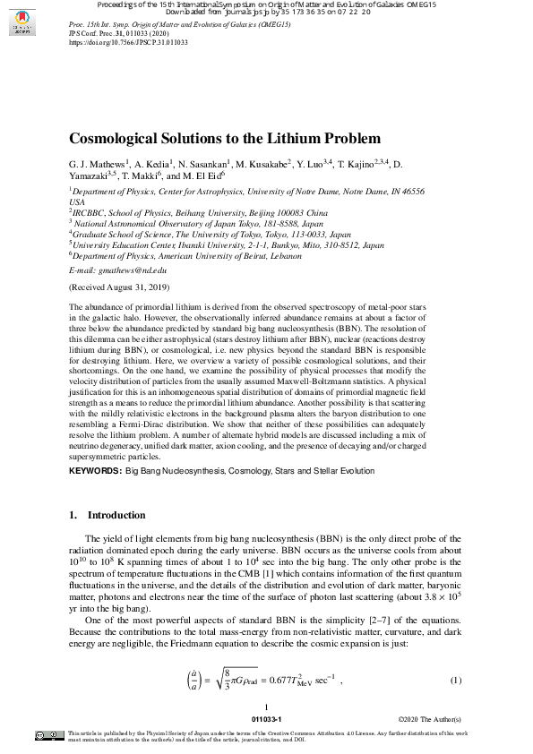 (PDF) Cosmological Solutions to the Lithium Problem
