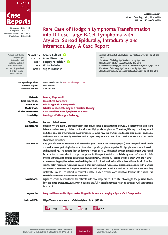 (PDF) Rare Case of Hodgkin Lymphoma Transformation into Diffuse Large B-Cell Lymphoma with ...