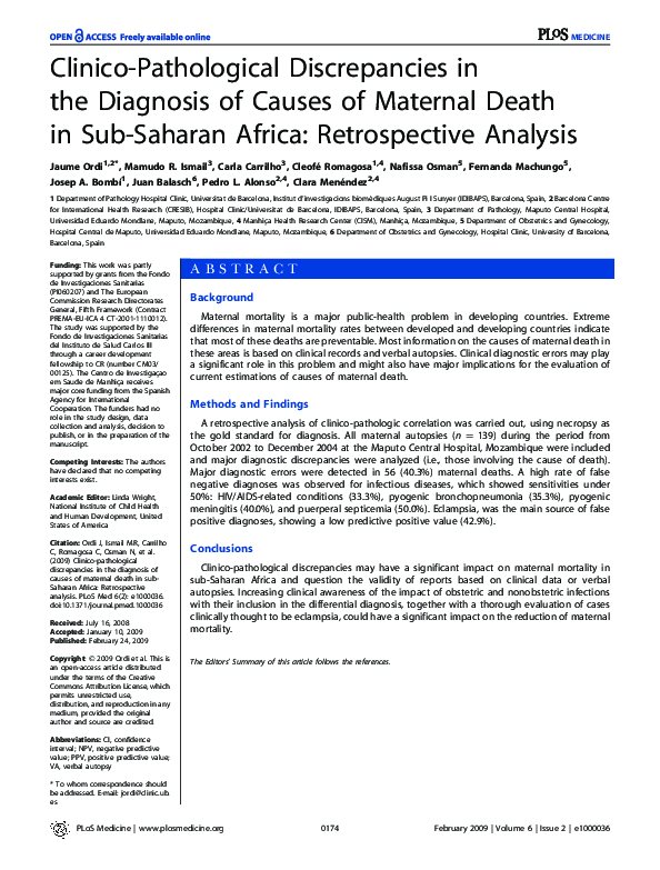 (PDF) Clinico-Pathological Discrepancies in the Diagnosis of Causes of Maternal Death in Sub ...