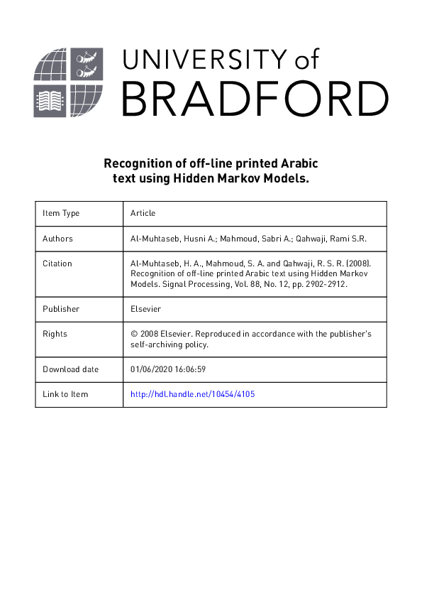 (PDF) Recognition of off-line printed Arabic text using Hidden Markov Models