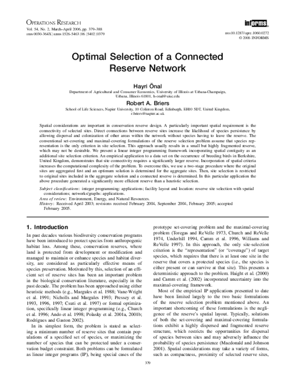 (PDF) Optimal Selection of a Connected Reserve Network