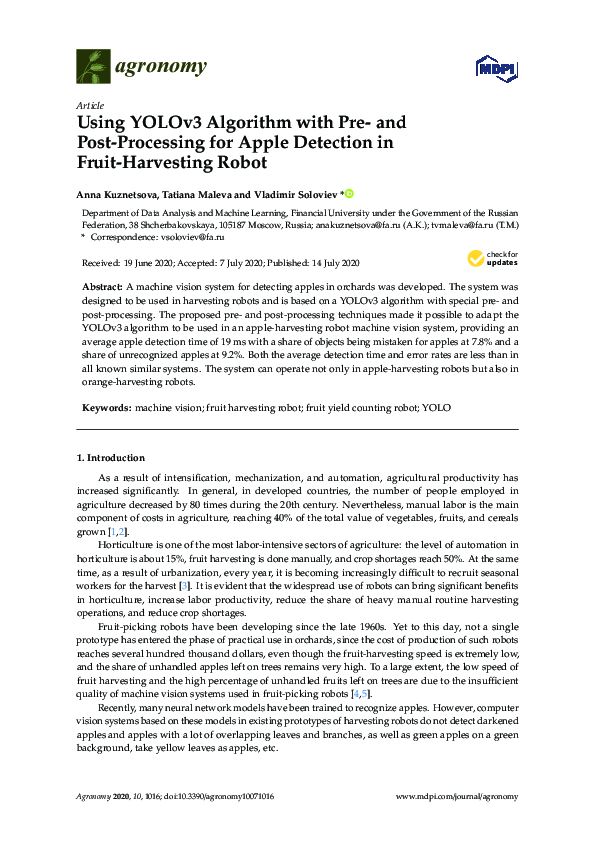 Pdf Using Yolov3 Algorithm With Pre And Post Processing For Apple Detection In Fruit