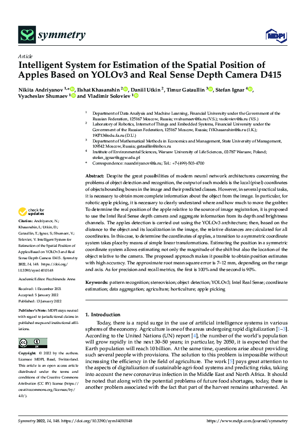 (PDF) Intelligent System for Estimation of the Spatial Position of Apples Based on YOLOv3 and ...